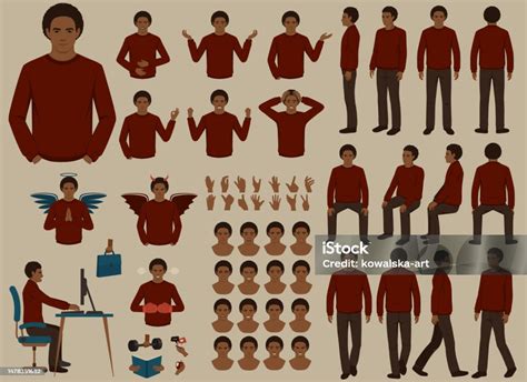 벡터 흑인 아프리카 남자 캐릭터 캐주얼 포즈는 플랫 스타일로 설정됩니다 전체 길이 제스처 감정 앞 측면 뒷면 가리키기에 대한 스톡 벡터 아트 및 기타 이미지 Istock