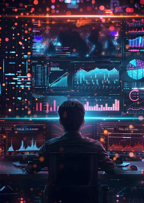 a scientist in a laboratory analyzes data on multiple screens while concentrating on graphs