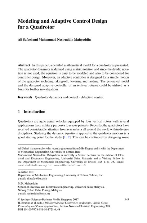 Pdf Modeling And Adaptive Control Design For A Quadrotor