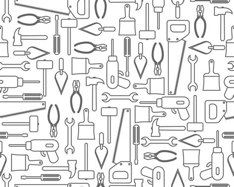 Seamless Pattern Of Icons Industrial Equipment Or Construction Tools In Outline Style 614938