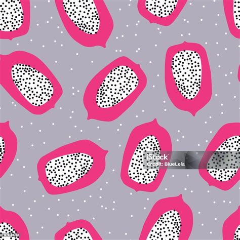 과일 원활한 패턴 파파야 는 밝은 보라색 배경에 그림자와 반쪽 여름 의 활기찬 디자인 이국적인 열대 과일입니다 다채로운 벡터 일러스트레이션 0명에 대한 스톡 벡터 아트 및