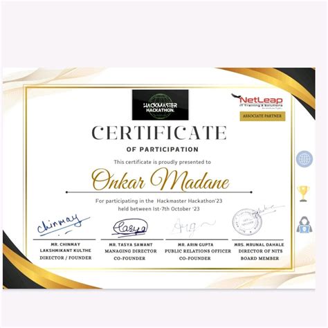i earned a certificate for participating in hackmaster hackathon 2023 onkar madane posted on