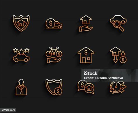 세트 라인 부동산 중개인 달러 방패 집 방패 가격 협상 시계 자전거 대여 모바일 앱 및 아이콘 벡터 0명에 대한 스톡 벡터 아트 및 기타 이미지 Istock