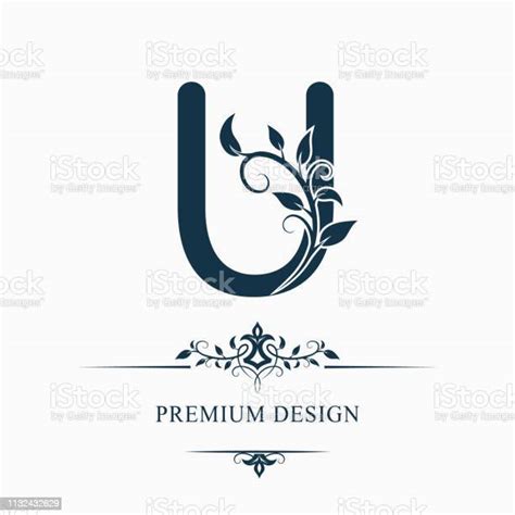 고급 대문자 U 장식 꽃 모노 그램 잎이 있는 나뭇가지 붓글씨 로고 템플릿입니다 그래픽 엠 블 럼 페이지의 디자인에 대 한 좋은 스티커 간판 라벨 카드 벡터 일러스트 고풍