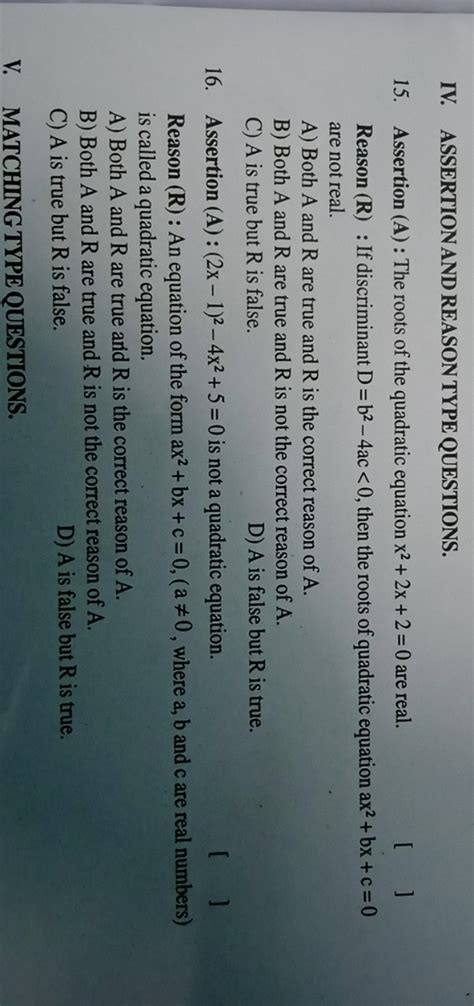 Iv Assertionand Reason Type Questions Assertion A The Roots Of The Q