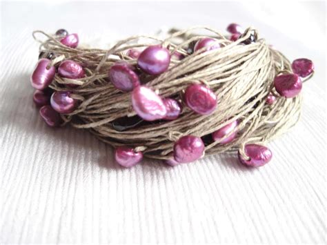 Natural Purple Pearls Necklace Garnet Amethyst Linen Multistrand