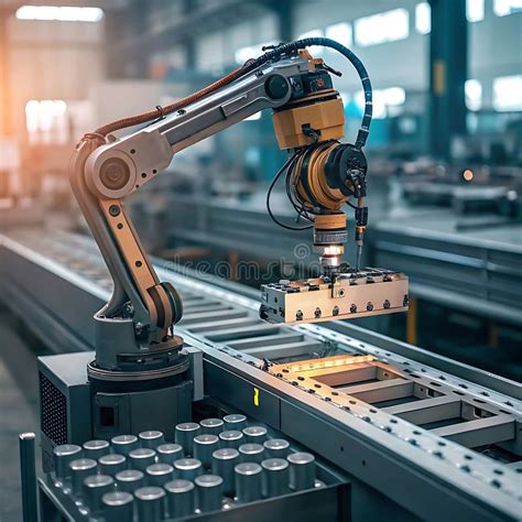 Robotic Arm Performing Precision Tasks On Assembly Line Surrounded By
