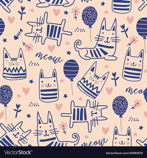 Cute Cats Doodle Seamless Pattern Funny Kittens Vector Image