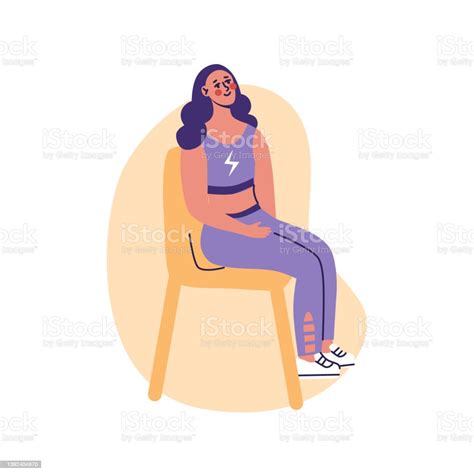 스포츠웨어의 의자에 앉아있는 테니지 소녀 흰색 배경에 격리된 플랫 벡터 일러스트 레이 션 긍정적인 감정 표현에 대한 스톡 벡터 아트 및 기타 이미지 긍정적인 감정 표현