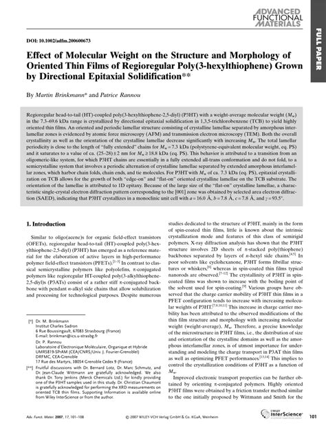 Pdf Effect Of Molecular Weight On The Structure And Morphology Of Oriented Thin Films Of