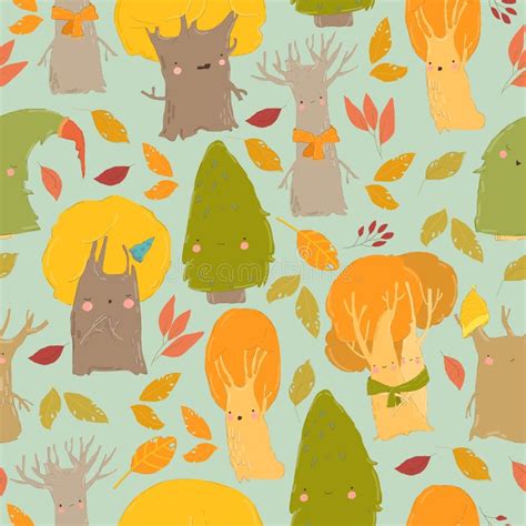Seamless Pattern With Cartoon Cute Colorful Trees Stock Vector