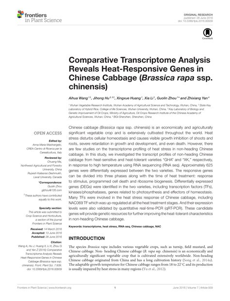 Pdf Comparative Transcriptome Analysis Reveals Heat Responsive Genes In Chinese Cabbage