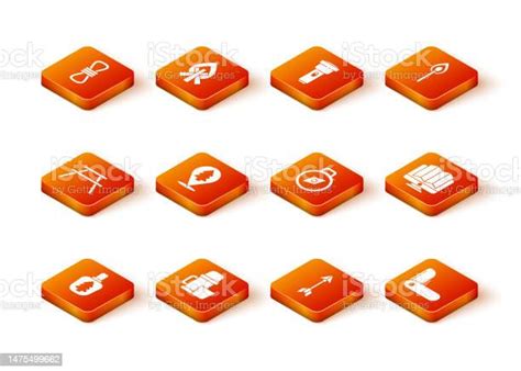 매점 물병 보온병 용기와 컵 벤치가있는 피크닉 테이블 숲의 위치 힙 스터 화살표 나침반 스위스 군용 칼 및 모니터 아이콘을 설정합니다 벡터 3차원 형태에 대한 스톡 벡터