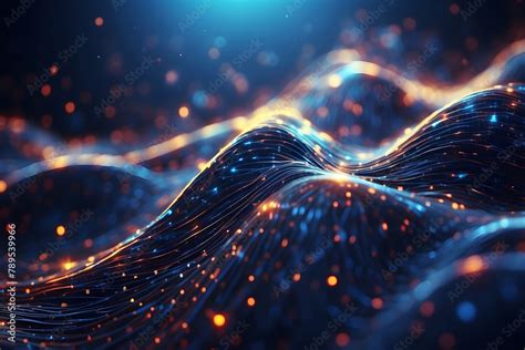 Abstract Blue Digital Particles Lines And Dots Connection Wave Flow Digital Data Network
