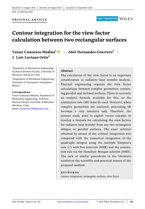 Contour Integration For The View Factor Calculation Between Two Rectangular Surfaces Request Pdf