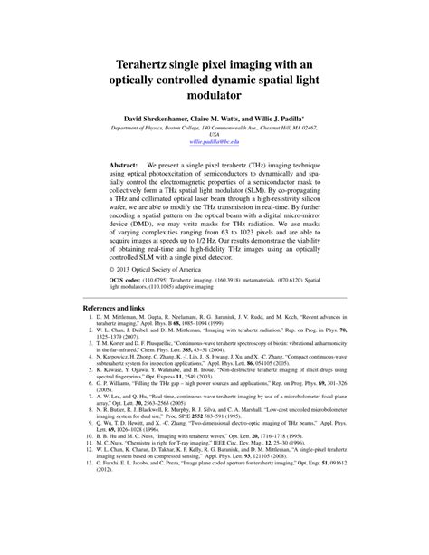 Pdf Terahertz Single Pixel Imaging With An Optically Controlled Dynamic Spatial Light Modulator