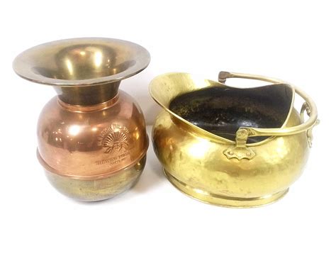 Lot 2 Brass Coal Bucket And Copperbrass Spittoon