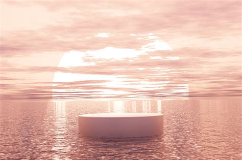 3d 렌더링 플랫폼 및 자연 연단 배경 분홍색 하늘 구름 및 태양이 있는 바다에 떠 있는 연단은 화장품 미용 제품 또는 스킨