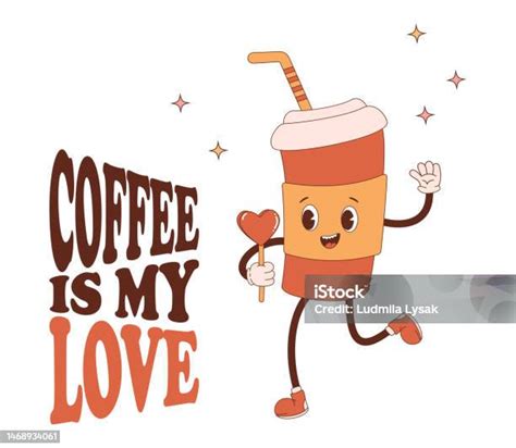 심장이 있는 재미있는 캐릭터 커피 종이컵 벡터 그림입니다 멋진 귀여운 복고풍 마스코트 음료와 비문 커피는 내 사랑입니다 1960 1969 년에 대한 스톡 벡터 아트 및 기타