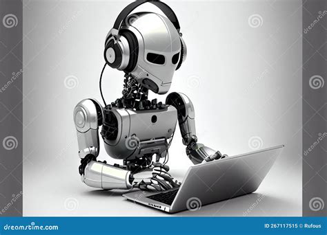D Rendering Humanoid Robot Working With Headset And Notebook Stock Illustration Illustration