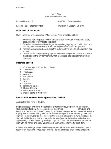 Lesson Plan On Personal Hygiene Pdf Lesson Plan Applied Psychology