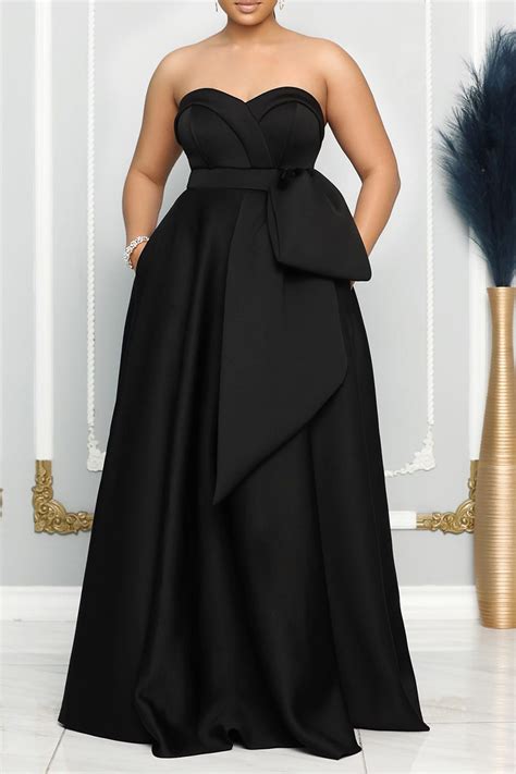 Plus Size Black Formal Elegant Strapless Slit With Pockets Gown Maxi Dresses Xpluswear