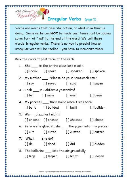 Irregular Verbs Worksheets For Grade 5