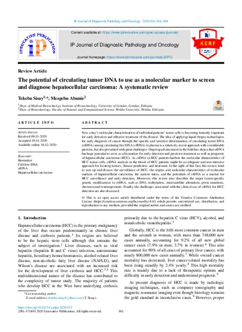 Pdf The Potential Of Circulating Tumor Dna To Use As A Molecular Marker To Screen And Diagnose