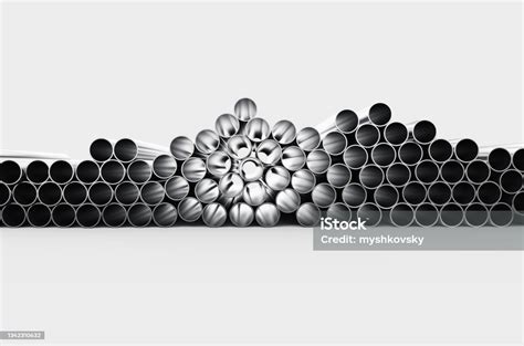흰색 배경에 금속 파이프의 클로즈업 흰색 배경에 고립 된 철 파이프 더미 3d 렌더 일러스트레이션 0명에 대한 스톡 사진 및 기타 이미지 Istock