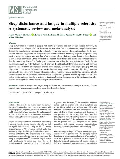 Pdf Sleep Disturbance And Fatigue In Multiple Sclerosis A Systematic Review And Meta Analysis