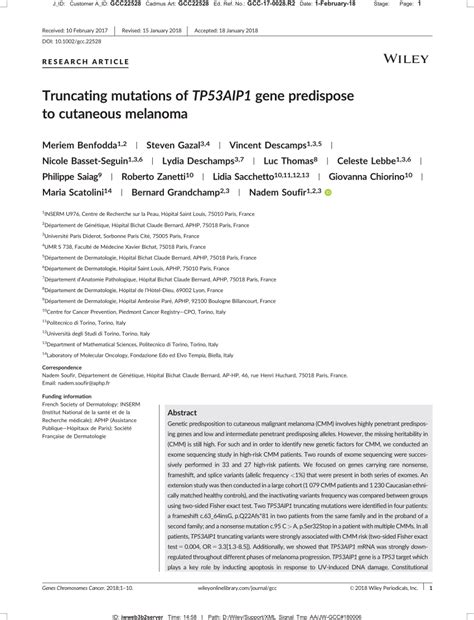 Pdf Truncating Mutations Of Tp53aip1 Gene Predispose To Cutaneous Melanoma