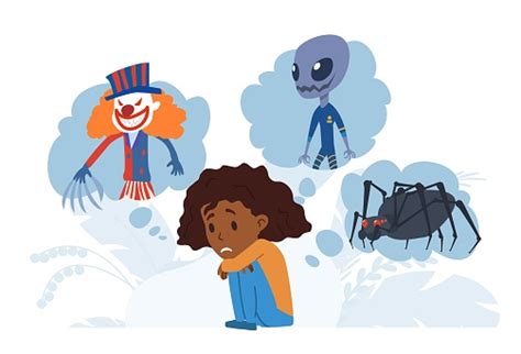 손에 발톱이 있는 광대를 두려워하는 곱슬머리를 가진 겁에 질린 검은 피부 소녀 빨간 눈과 외계인을 가진 거대한 검은 거미 흰색 배경에 고립된 작은 겁에 질린 검은 피부