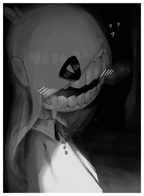 Xkl3001 Original Highres 1girl Big Mouth Blush Body Horror Border Greyscale Long Hair