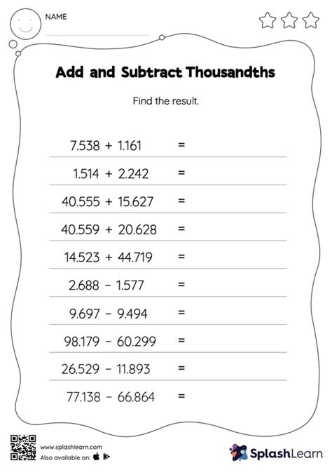 Add And Subtract Thousandths Horizontal Worksheet