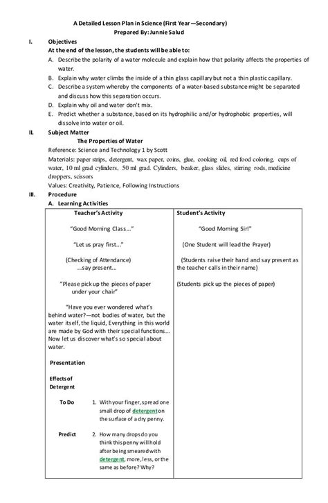 A Detailed Lesson Plan In Science I Secondary