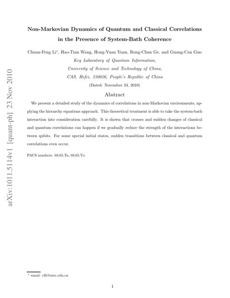 Pdf Non Markovian Dynamics Of Quantum And Classical Correlations In