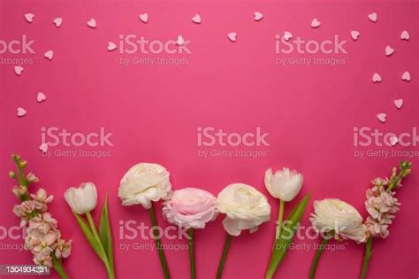 핑크 배경에 마음과 아름다운 봄 꽃로맨틱 구성 프레임 발렌타인 여성의 어머니의 날 사랑 개념 0명에 대한 스톡 사진 및 기타