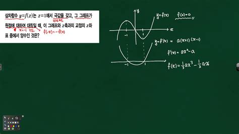 수2 부정적분 삼차함수가 원점대칭 함수이고 X1에서 극값을 가질때 삼차함수가 X축과 만나는 양의 X좌표를 구하는 내신대비