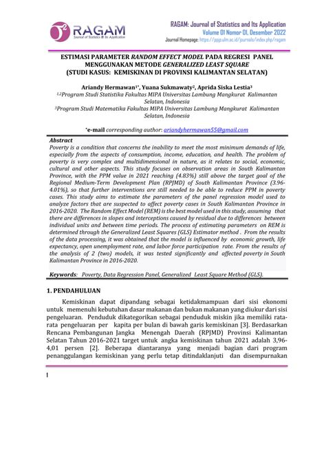 Pdf Estimasi Parameter Random Effect Model Pada Regresi Panel