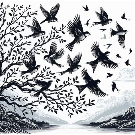 Premium Vector Vector Flock Of Flying Birds On Tree Branch