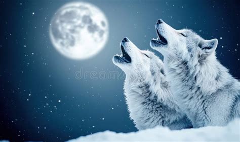 Two White Arctic Wolves Are Howling At The Full Moon In A Snowy Winter