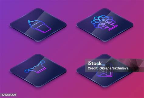 와플 콘에 아이소메트릭 라인 아이스크림을 설정 종 관람차와 티켓과 제스터 모자 파란색 정사각형 버튼 벡터 3차원 형태에 대한 스톡 벡터 아트 및 기타 이미지 Istock