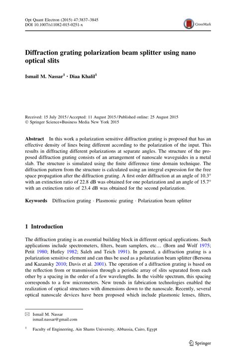 Pdf Diffraction Grating Polarization Beam Splitter Using Nano Optical
