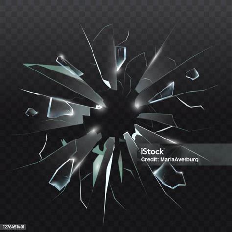 어두운 투명 한 배경에 격리 된 높은 상세한 현실적인 깨진 유리 균열과 총알 자국 깨진 유리의 현실적인 투명 조각 벡터