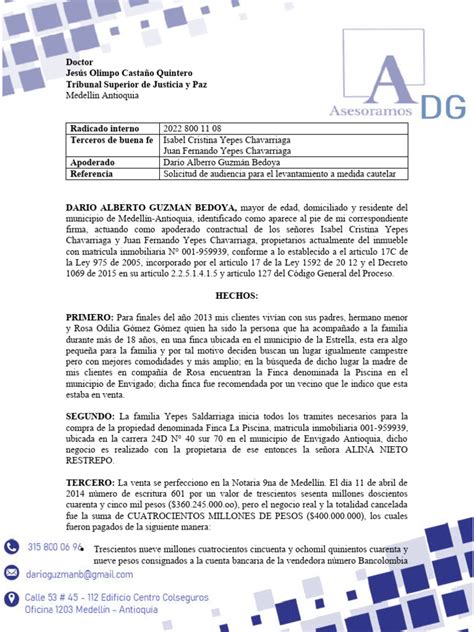 Solicitud De Levantamiento De Medida Cautelar Pdf