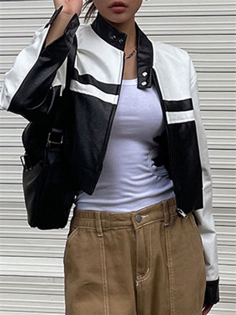 Black And White Stripe Biker Crop Jacket Free From Label Zipper