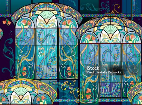 이음새가 없는 패턴 장식 판타지 스테인 글라스 장식입니다 아름다운 아르누보 스타일의 창문이 있는 추상적인 배경 직물 인쇄 벽지를 위한 호화스러운 화려한 디자인 벡터