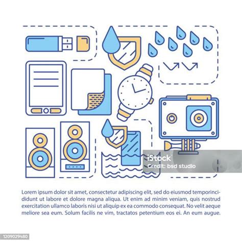 방수 방수 전자 기사 페이지 벡터 템플릿 브로셔 잡지 선형 아이콘과 텍스트 상자소책자 디자인 요소 인쇄 디자인 텍스트 공간이 있는 개념 그림 가리기에 대한 스톡 벡터 아트