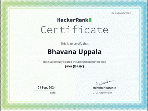 Bhavana Uppala On Linkedin Hackerrank Certificate Java
