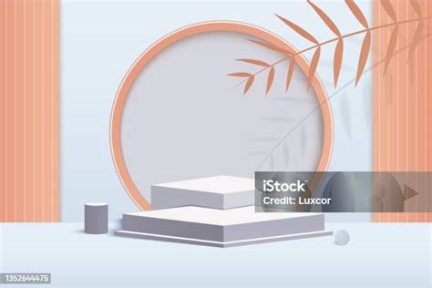 기하학적 형태의 최소 장면입니다 기둥에 종이 잎크림 배경의 실린더 연단 화장품 쇼케이스 숍프론트 디스플레이 케이스를 보여주는 장면 3d 벡터 그림입니다 0명에 대한 스톡